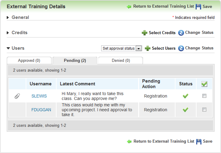 Approving or Denying External Training Requests