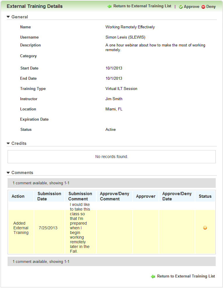 Approving or Denying External Training Requests